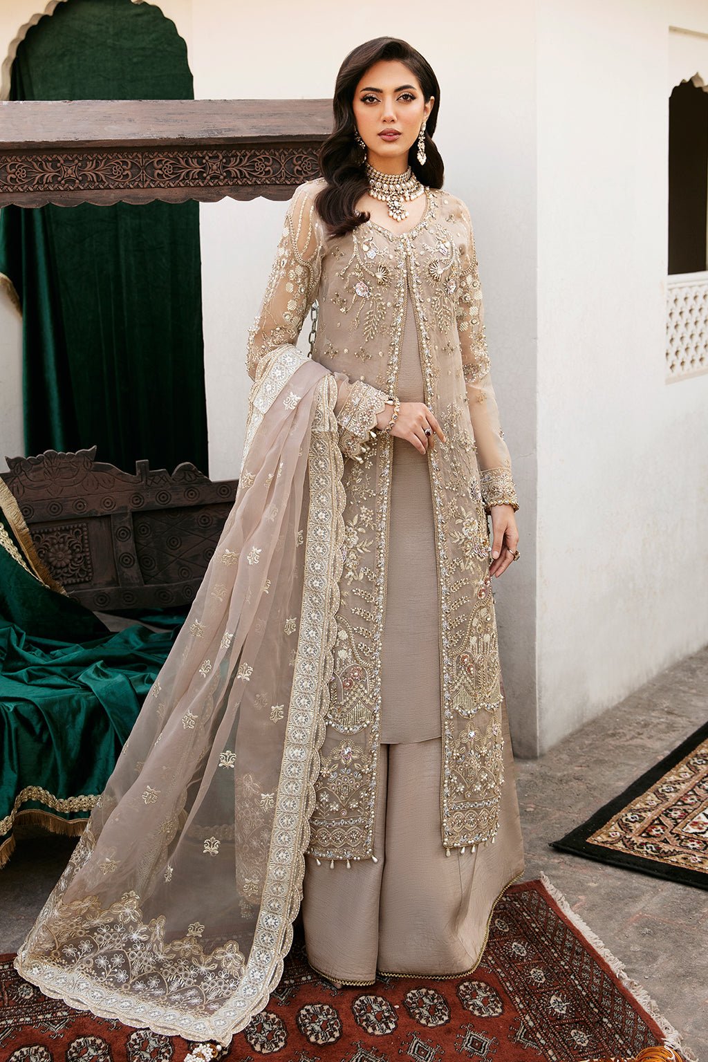 Ramsha 3 Piece Embroidered Organza Suit (H-304-BEIGE) - House Of Faiza