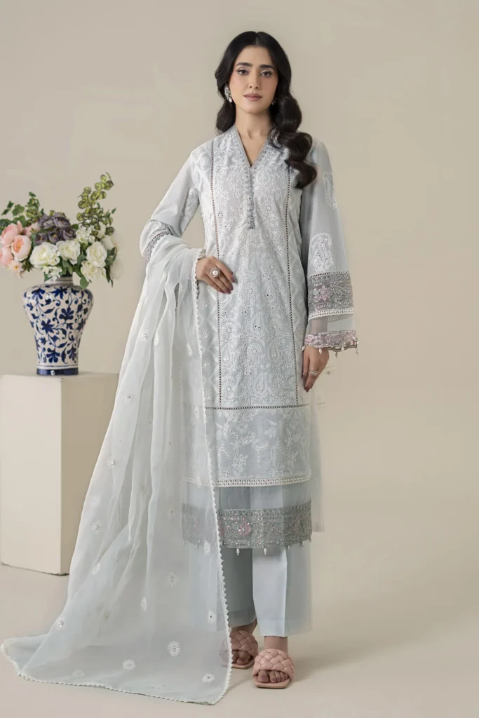 Maria B 3Pc Embroidered Law Suit DW-EA25-86 Sky Blue - House Of Faiza