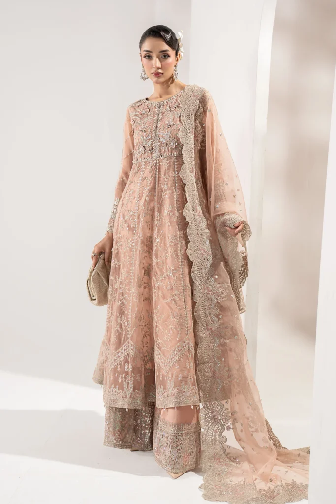Maria B 3Pc Embroidered Organza Frock SF-W25-13-Peach - House Of Faiza